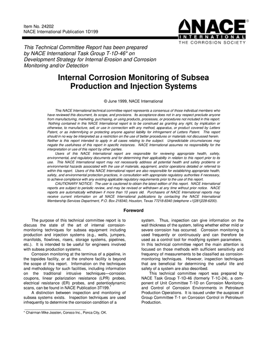 Internal Corrosion Monitoring Of Subsea Production And Injection Systems Standards